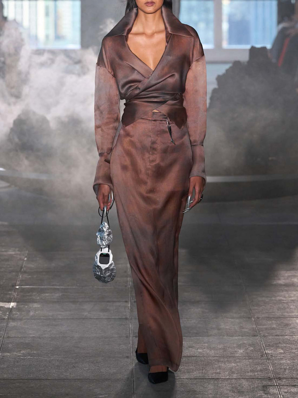 SILK SATIN ORGANZA STITCHES WRAP SHIRT - RUST BROWN – GRACE LING